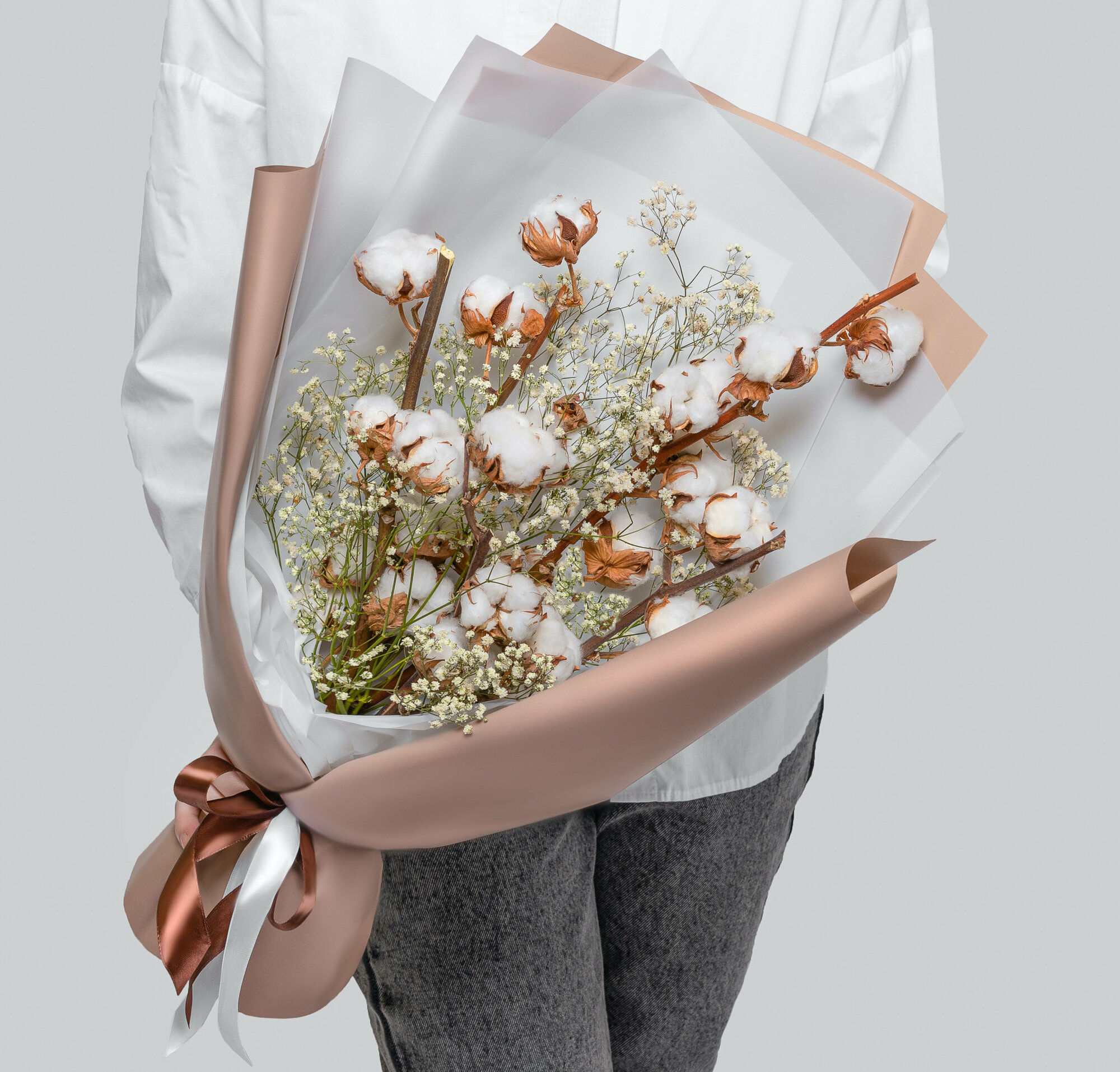 Букет "Белый Хлопок и Белая Гипсофила" сухоцвет