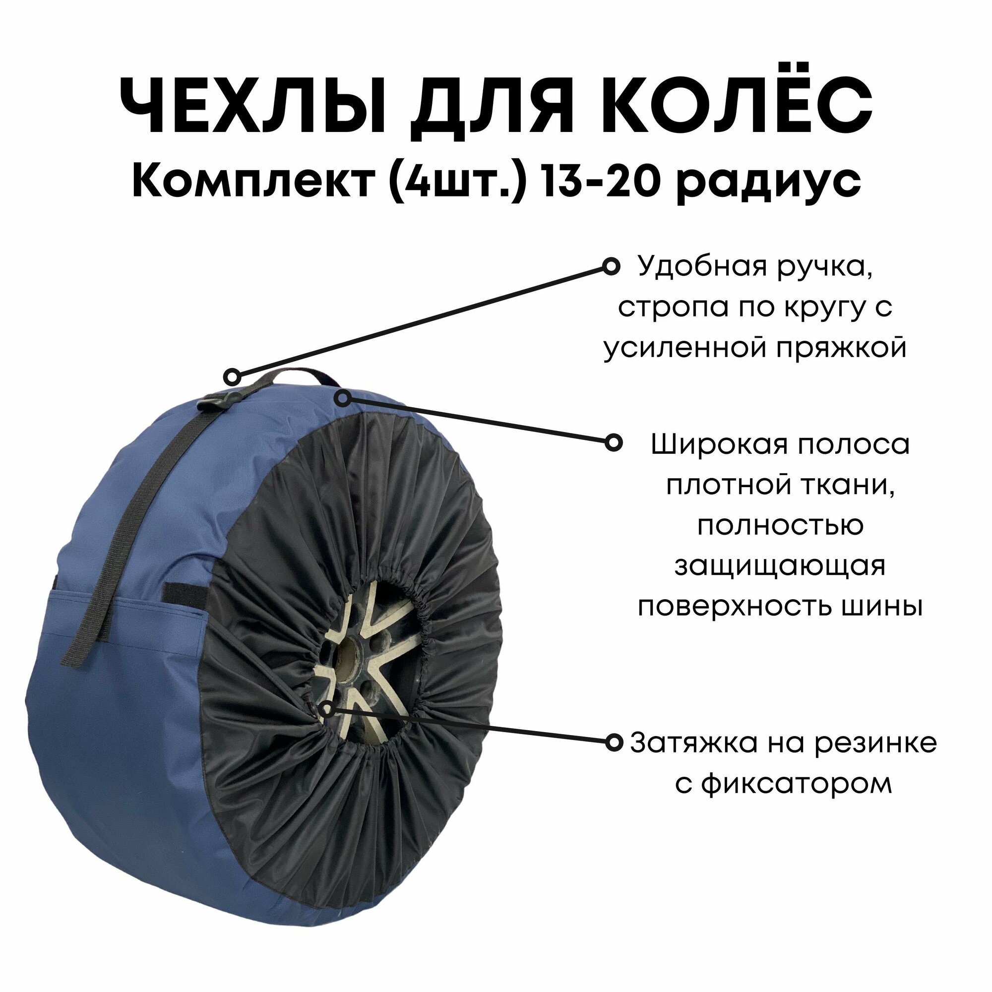 Чехлы для колес авто, многоразовые из оксфорд 600д , для шин от 13 до 20 радиуса. комплект 4шт, синий