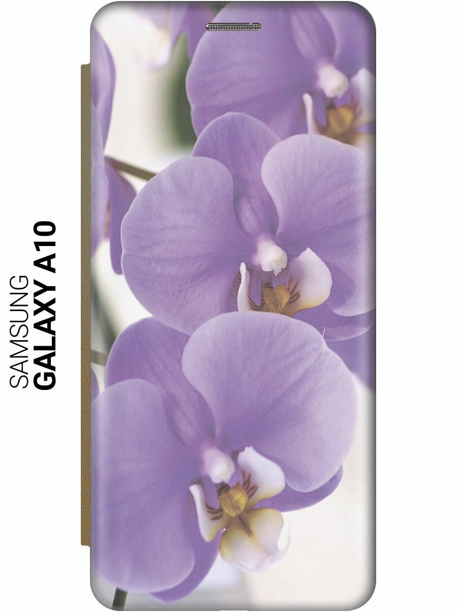 Чехол-книжка на Samsung Galaxy A10, Самсунг А10 с 3D принтом "Сиреневые орхидеи" золотой