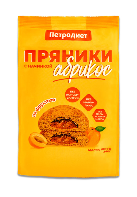Пряники Петродиет, с начинкой абрикоса, на фруктозе, 340 гр