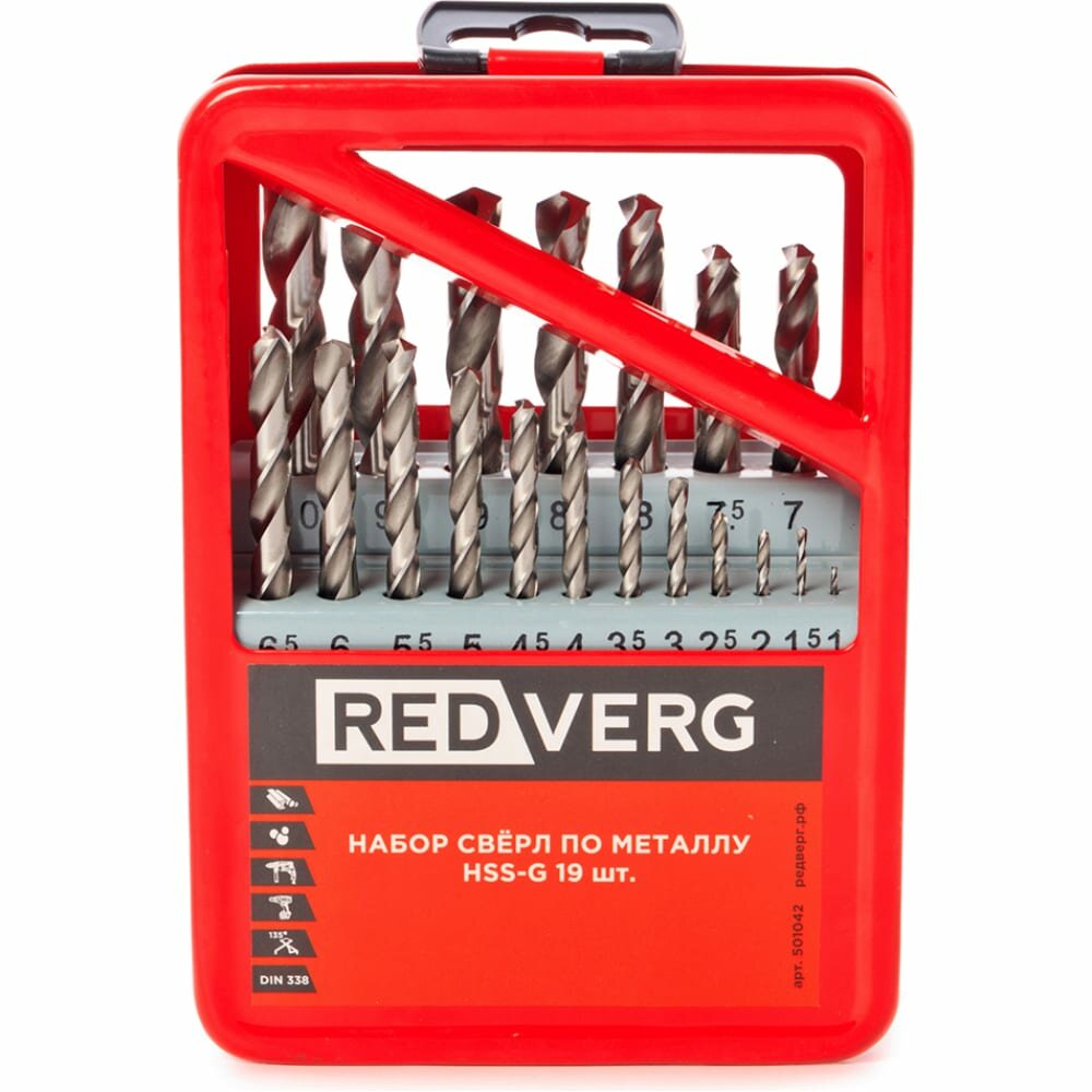 Набор сверл по металлу 19 шт HSS-G, 1-10 мм (501042) REDVERG 6680976