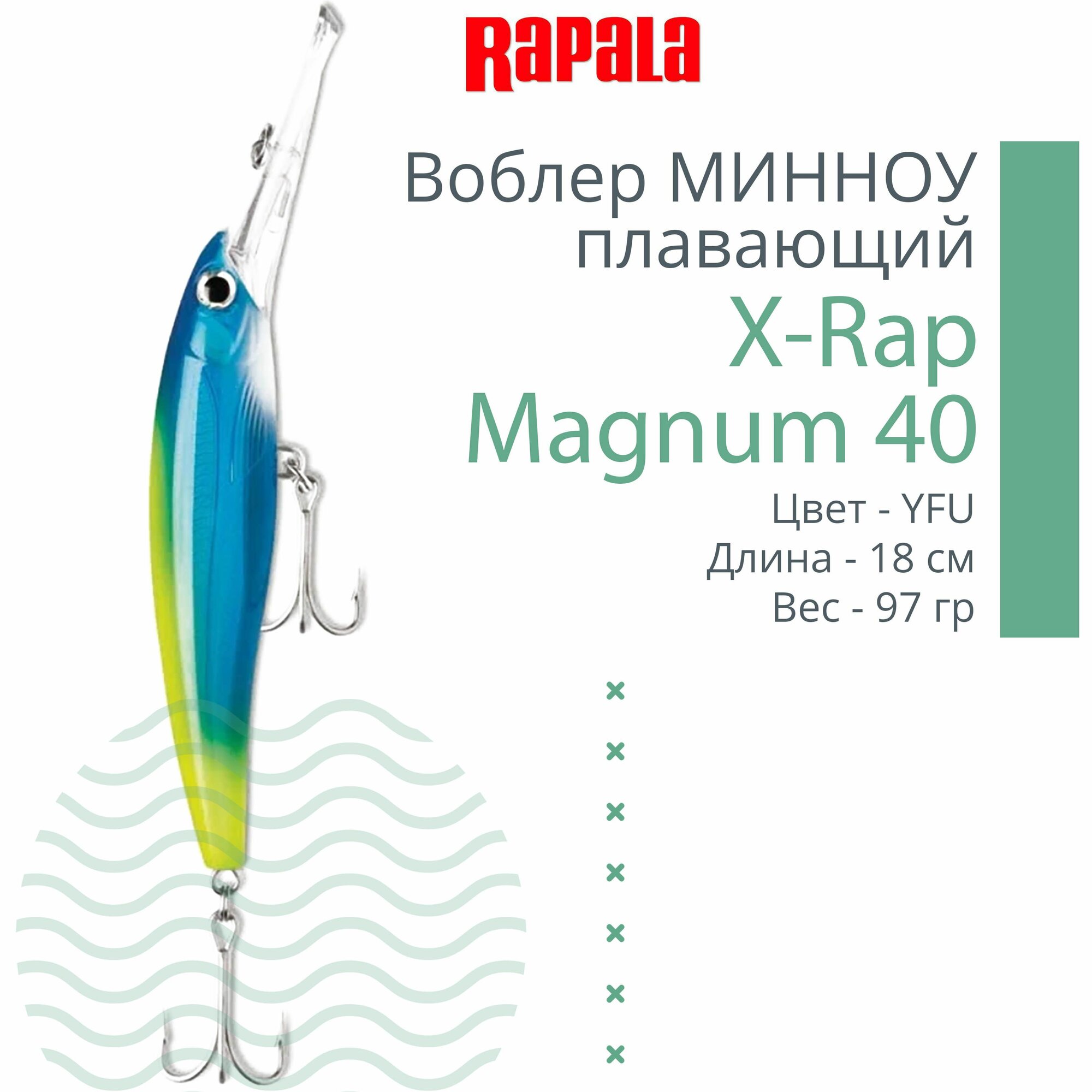 Воблер для рыбалки Rapala X-Rap Magnum 40, 18см, 97гр, цвет YFU, плавающий