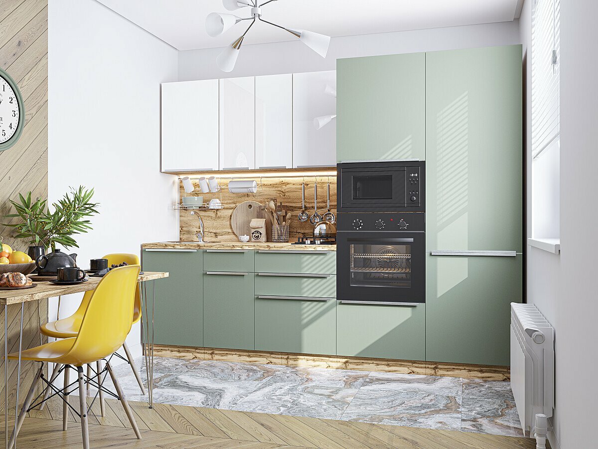 Кухня Фьюжн-07, цвет фасада Angel/Silky Mint, цвет каркаса Дуб Вотан, 2140*2700*600 мм