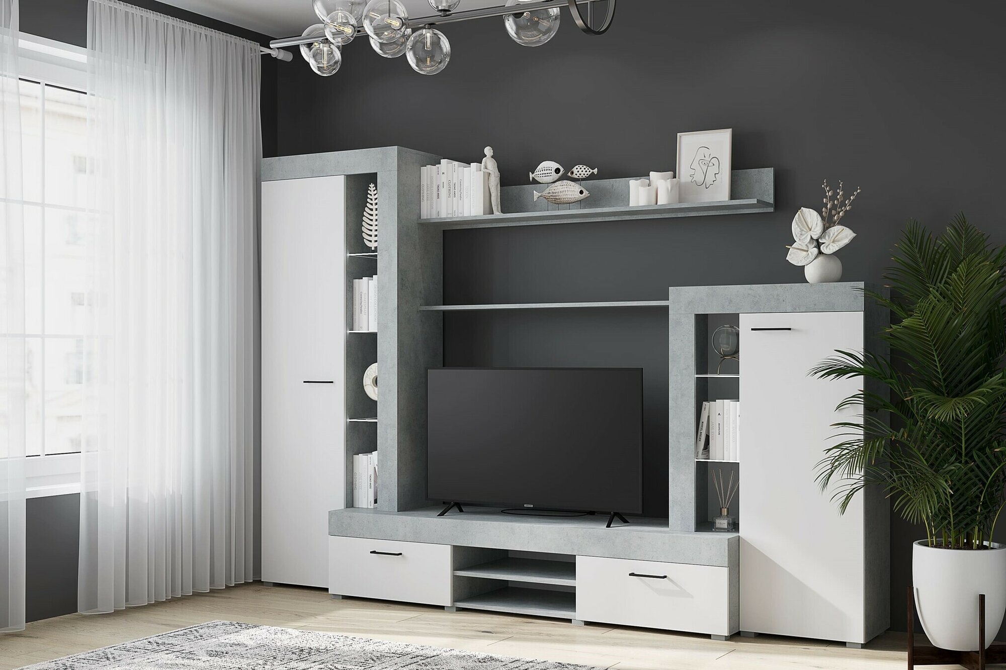 Стенка для гостиной "Дельта" белый/бетон