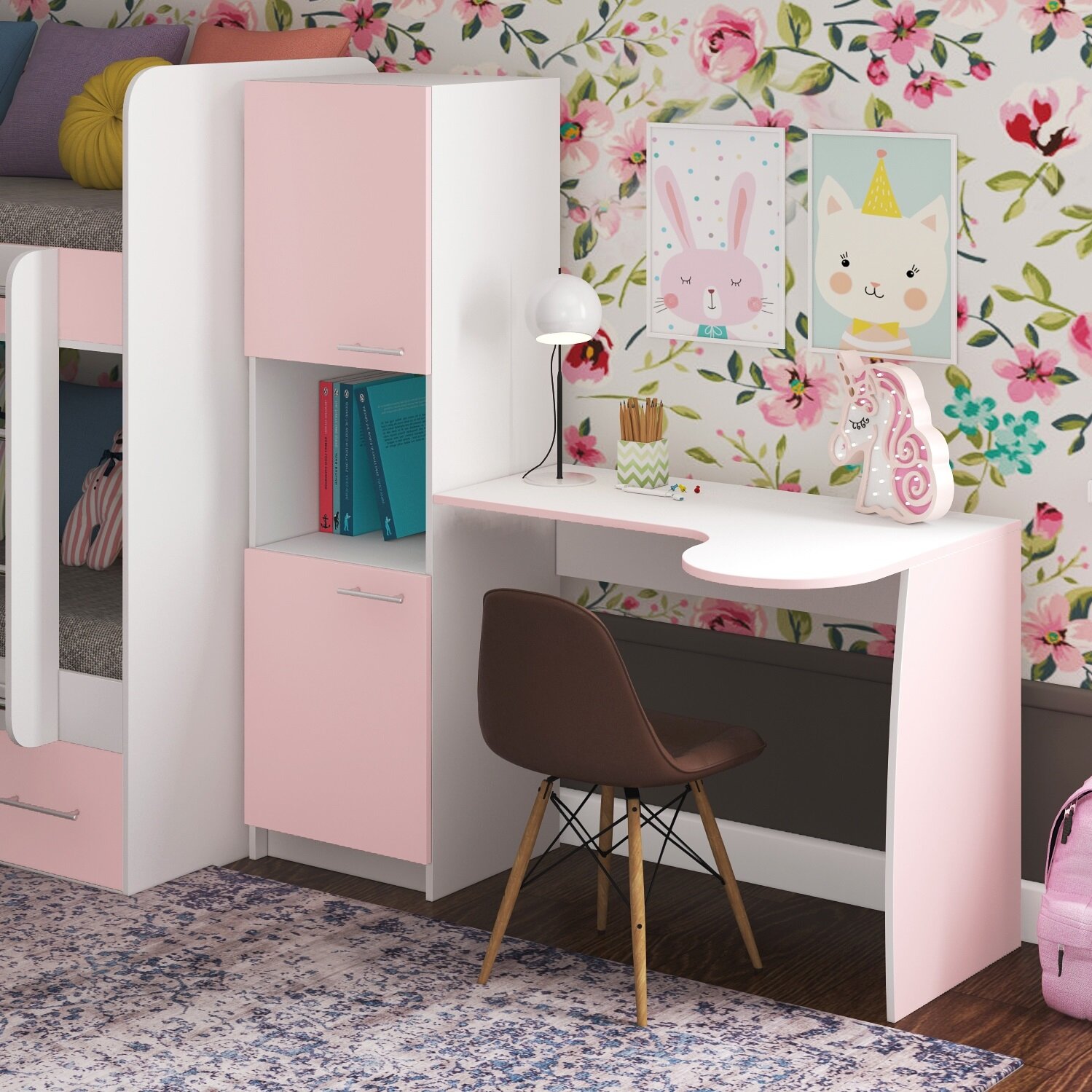Письменный стол со стеллажом, с пеналом, Есэндвич Лаворо, 145x67,5х150 см, левый (Белый/Розовый кварц)
