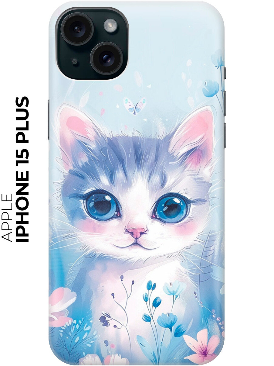Силиконовый чехол на Apple iPhone 15 Plus с принтом "Котик в цветах"