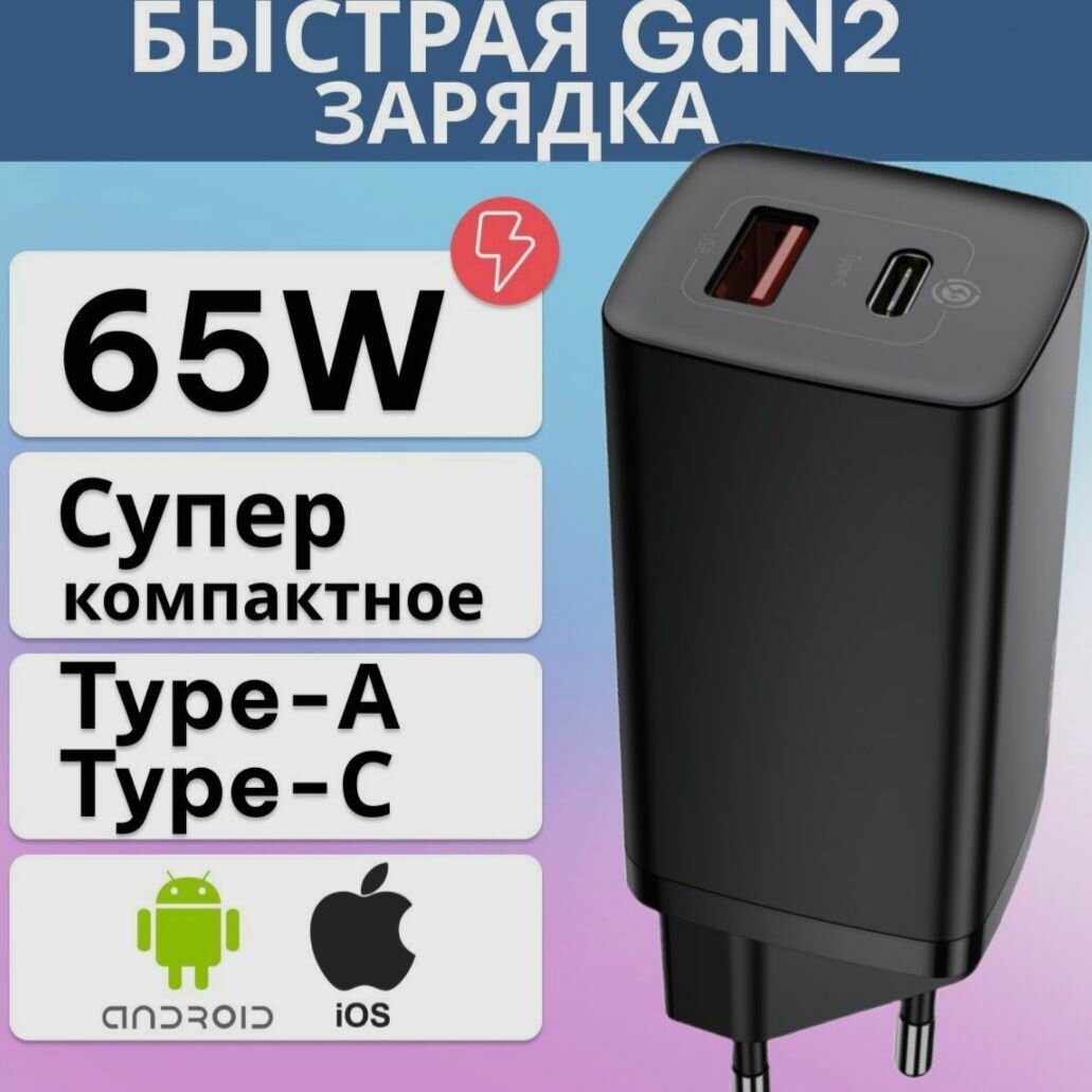 Сетевое зарядное устройство Baseus GaN2 Lite Quick Charger C+U 65W EU (CCGAN2L-B01) Чёрное