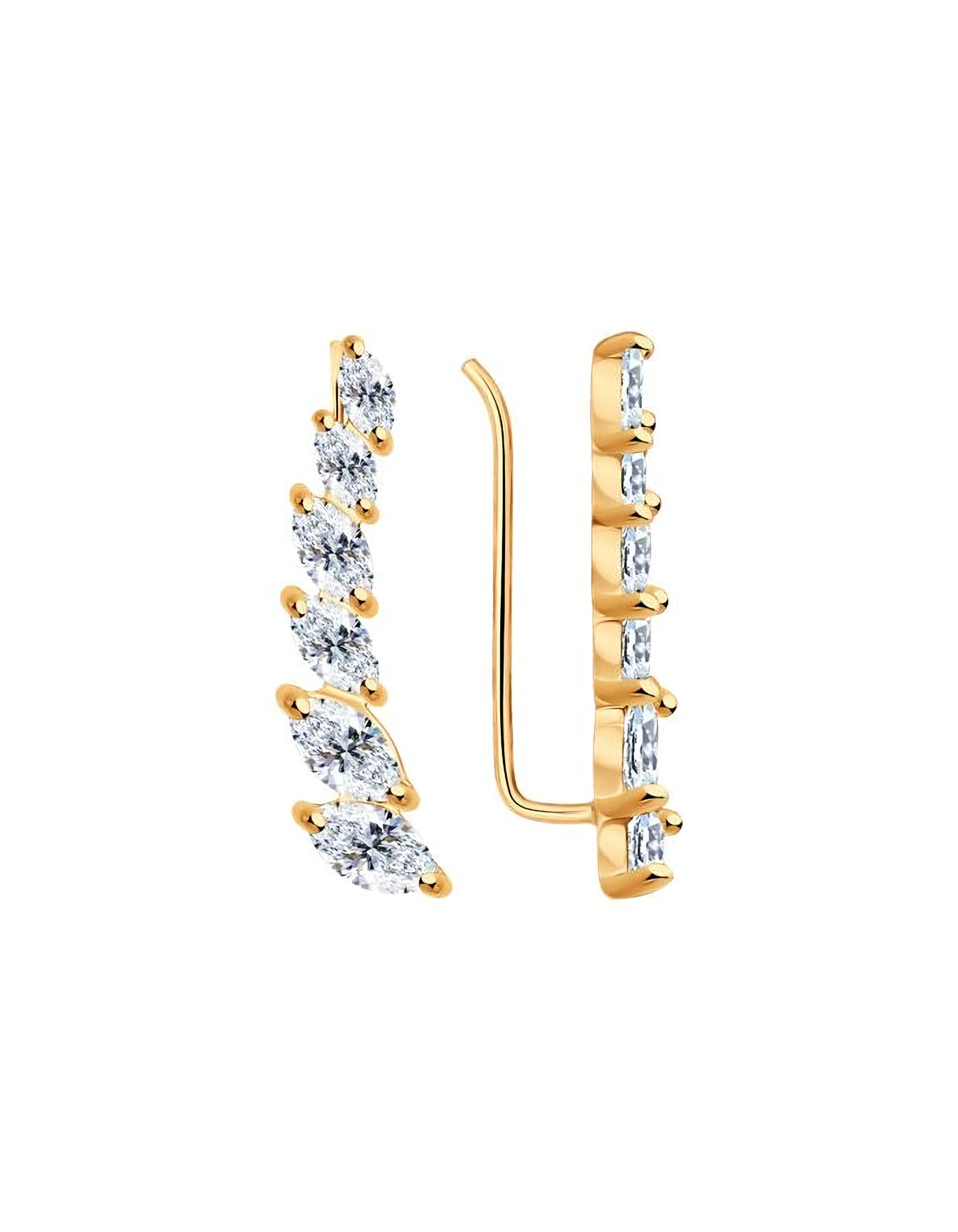 Серьги каффы, серебро, 925 проба, золочение, фианит