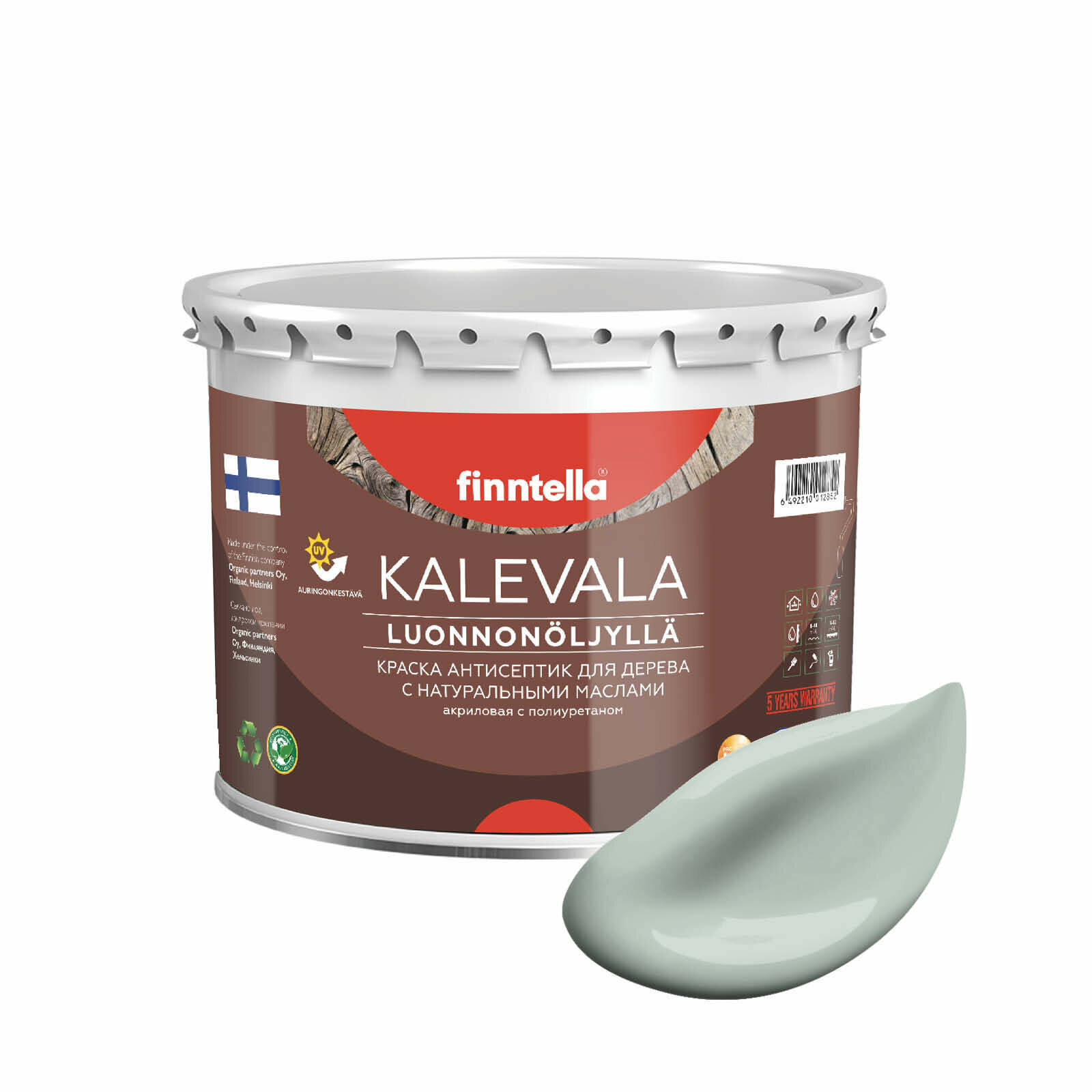 Краска для дерева и деревянных фасадов FINNTELLA KALEVALA, с натуральным маслом и полиуретаном, цвет AAVE (серо-зеленый) , 2,7л
