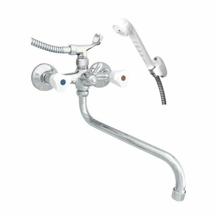 Смеситель для ванны с душем двуручный круглый излив, душевой шланг н/ж сталь, белая пластиковая лейка и кронштейн ЭКО ЦС-СМ 500/5-3 Пл. Бел маховик Центр Сантехники (Подольск) ЭМ900702