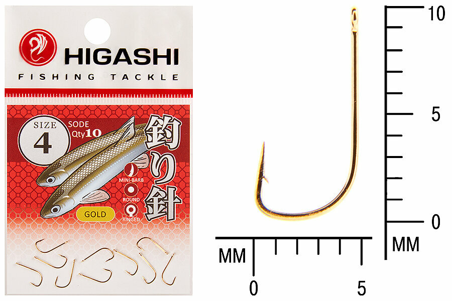 Higashi Крючки рыболовные Sode ringed #4 Gold, 10 шт/уп
