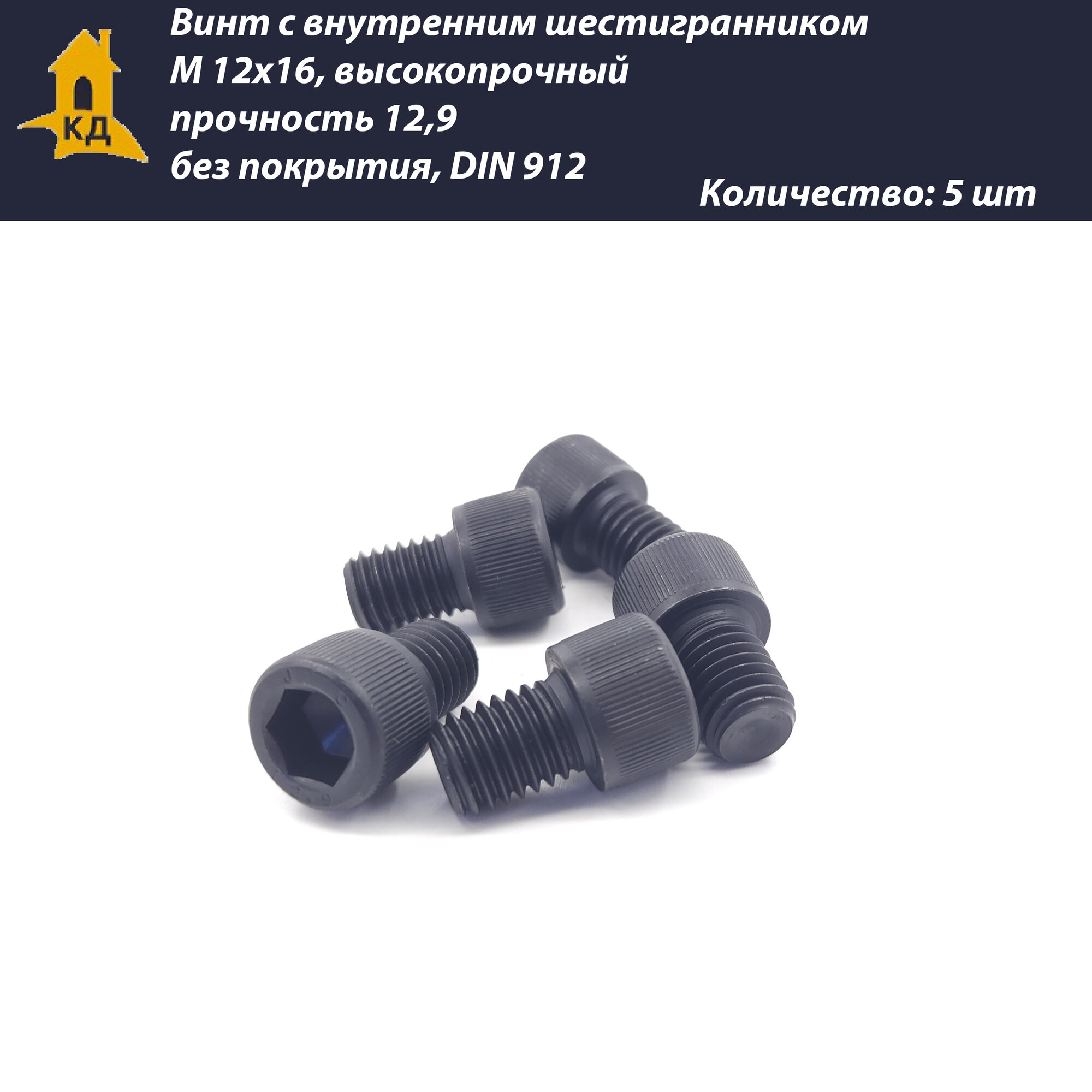 Винт с внутренним шестигранником М 12х16, высокопрочный, прочность 12,9, без покрытия, DIN 912, 5 шт.