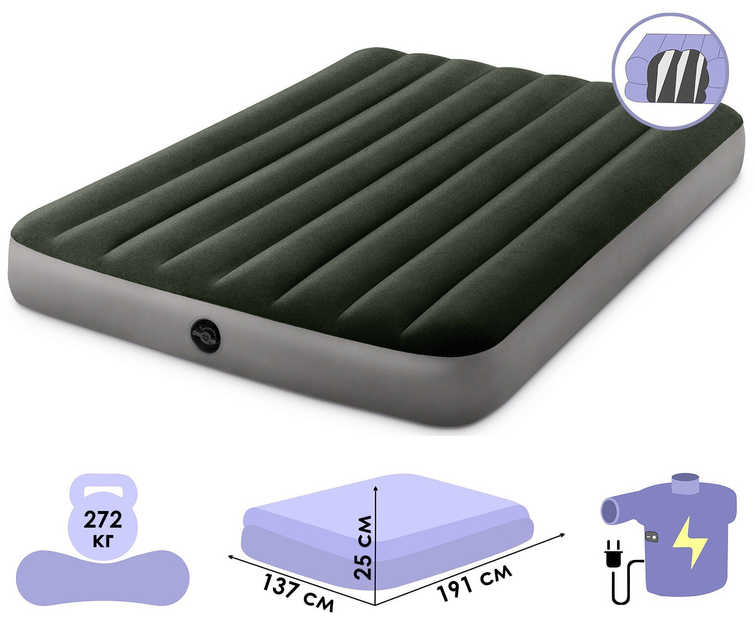 Надувной спальный матрас INTEX DURA-BEAM FULL, туристическая мебель, домашний полуторный матрац для сна, надувная двухместная кровать, подходит для плавания и в палатку, 137х191х25 см