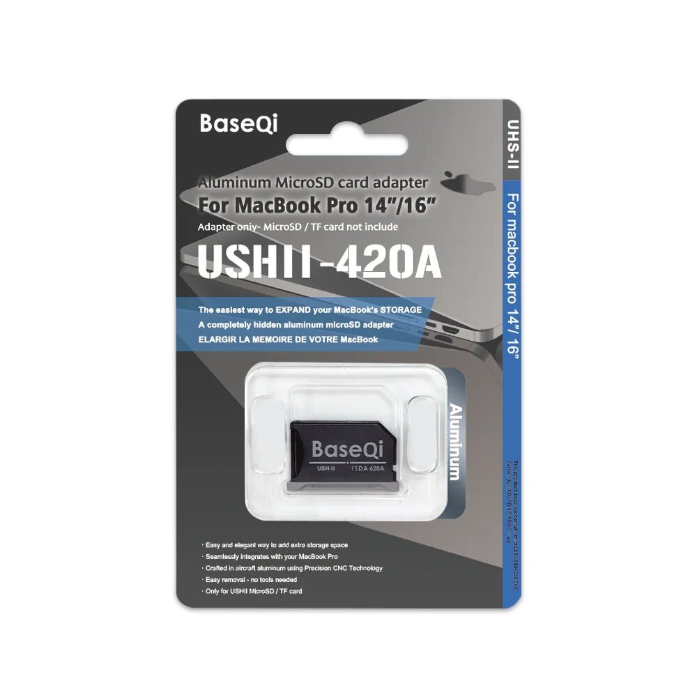 BaseQi MacBook 420AG Серый алюминиевый невидимый адаптер для карт Micro SD/TF для MacBook Pro Retina 14/16-дюймовый устройство чтения SD-карт