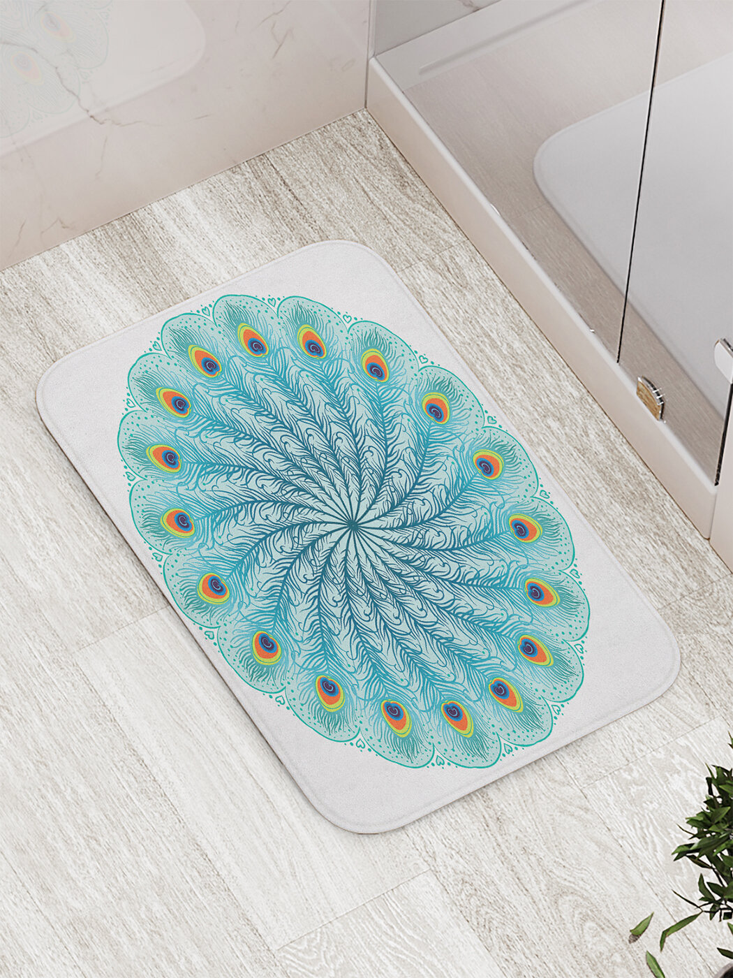 Коврик для ванной комнаты, туалета "Диск из павлиньих перьев" противоскользящий, 52х77 см, JoyArty