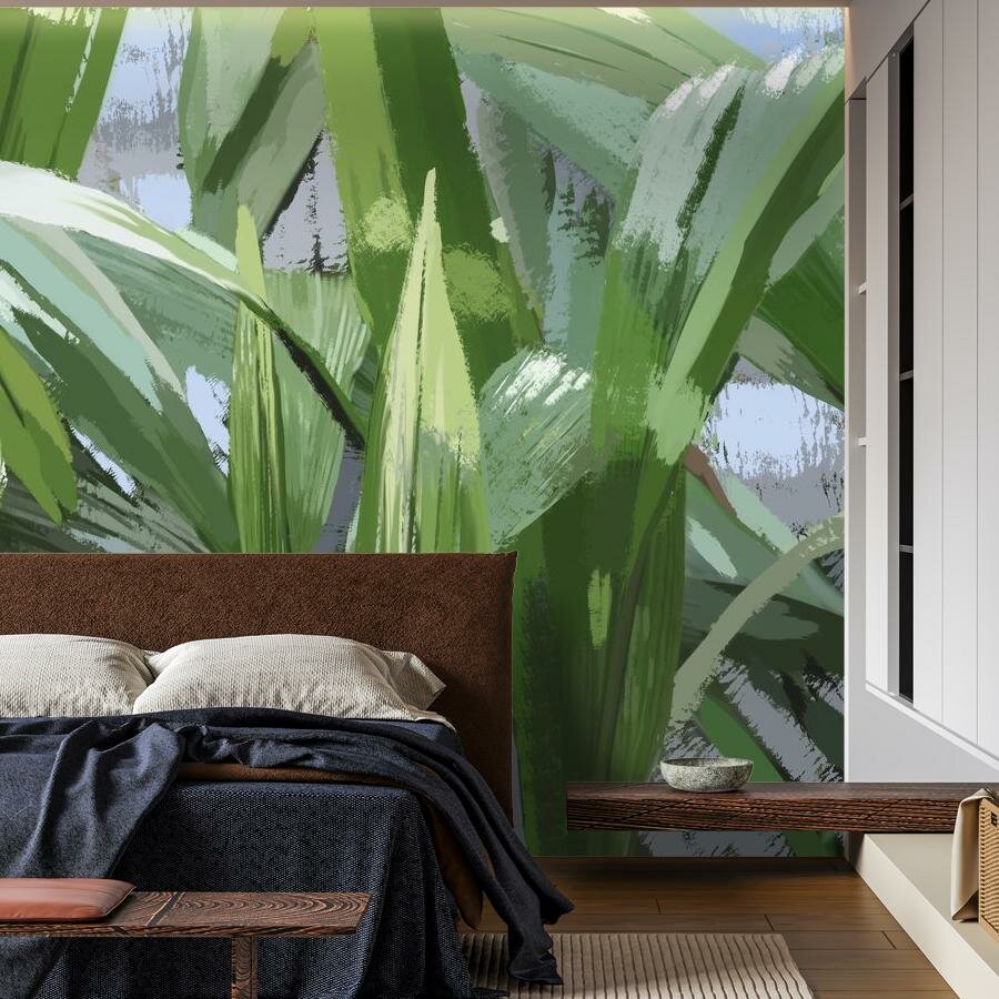 Фотообои Пастельные зеленые листья 13-839-S-Песок 270 x 200 см (ВхШ) Метровые, флизелиновые, влагостойкие обои