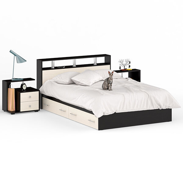 Кровать Камелия с ящиками 1400 + две тумбы, цвет венге/дуб лоредо