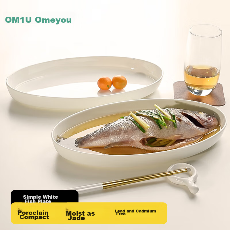 AOmeiyou Bone China Fish Plate, Deep Oval-Shaped Dish for Home Use, Heat-Resistant, Microwave-Safe, for Steaming Fish, Ceramic, Straight Edge, 12 Inches