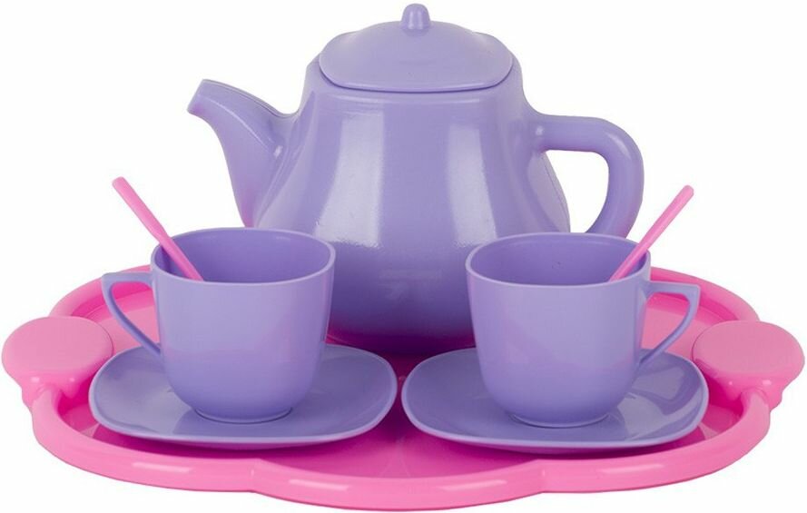 Детский кухонный набор посудки "Чайный сервиз" на 2 персоны с подносом, 8 предметов в сетке, игрушечная пластиковая посуда для детей, игрушки для сюжетно-ролевой игры Юный повар