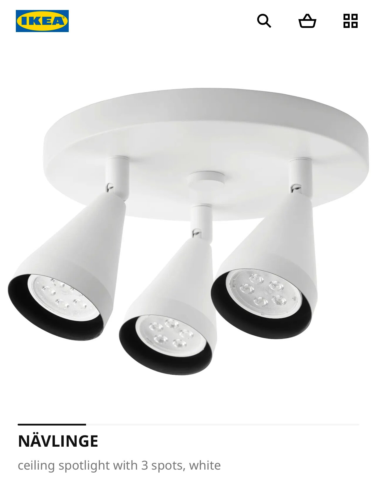 Потолочный светильник IKEA NÄVLINGE на 3 спота поворотных, белый