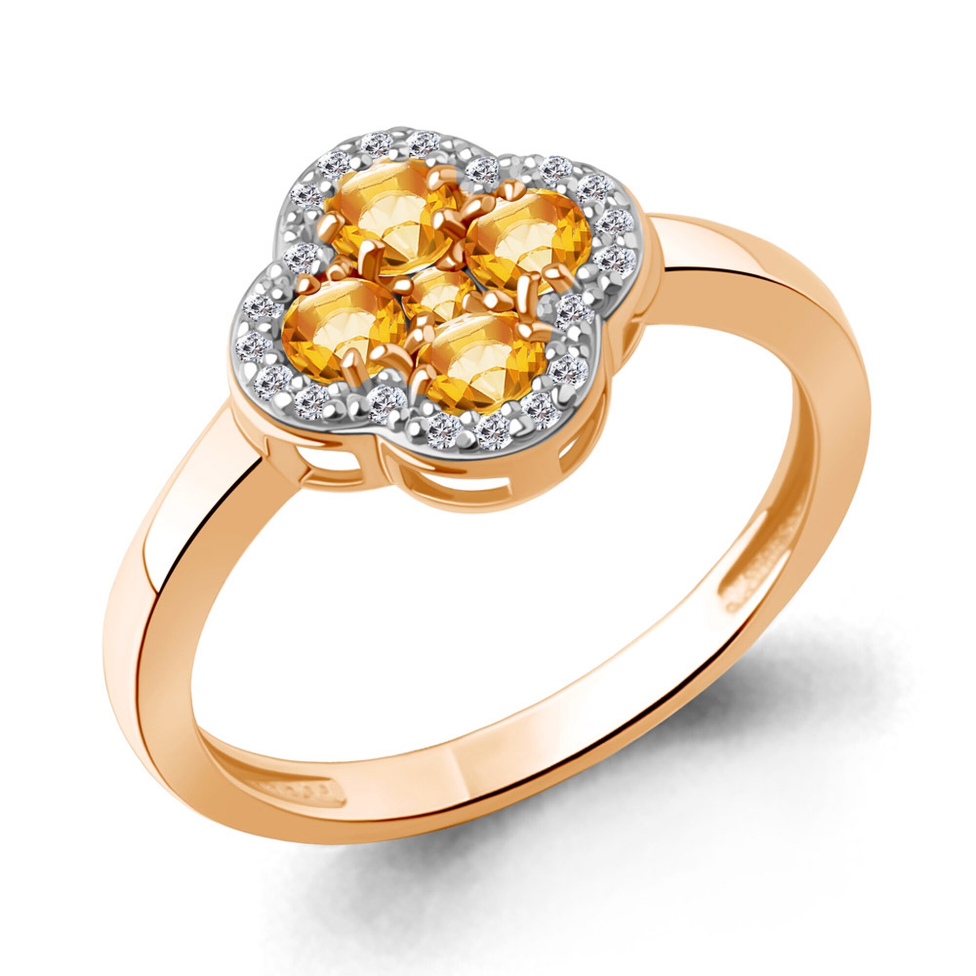 Кольцо, серебро, 925 проба, золочение, цитрин, фианит