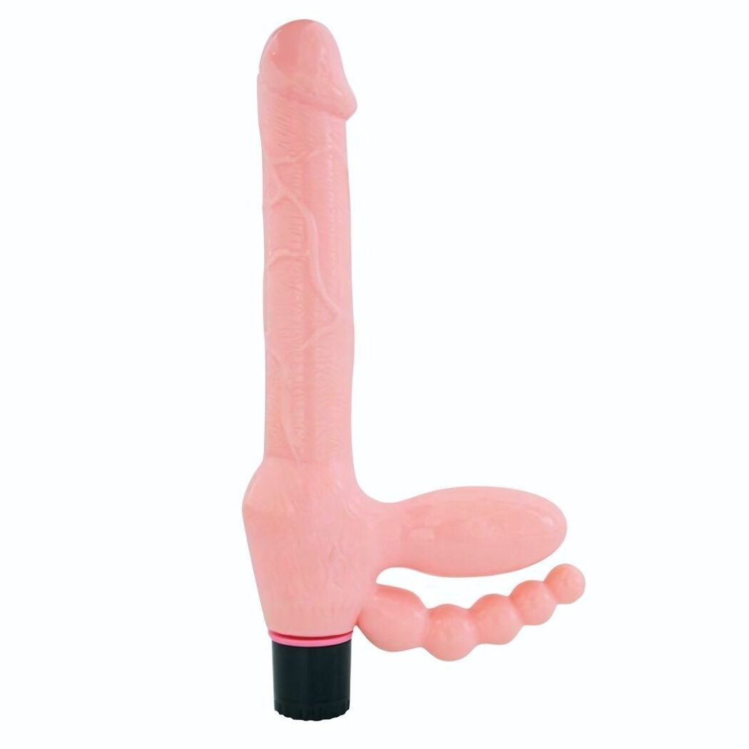 Телесный безремневой страпон с анальным отростком, 16,5 см, ПВХ, вибрация
