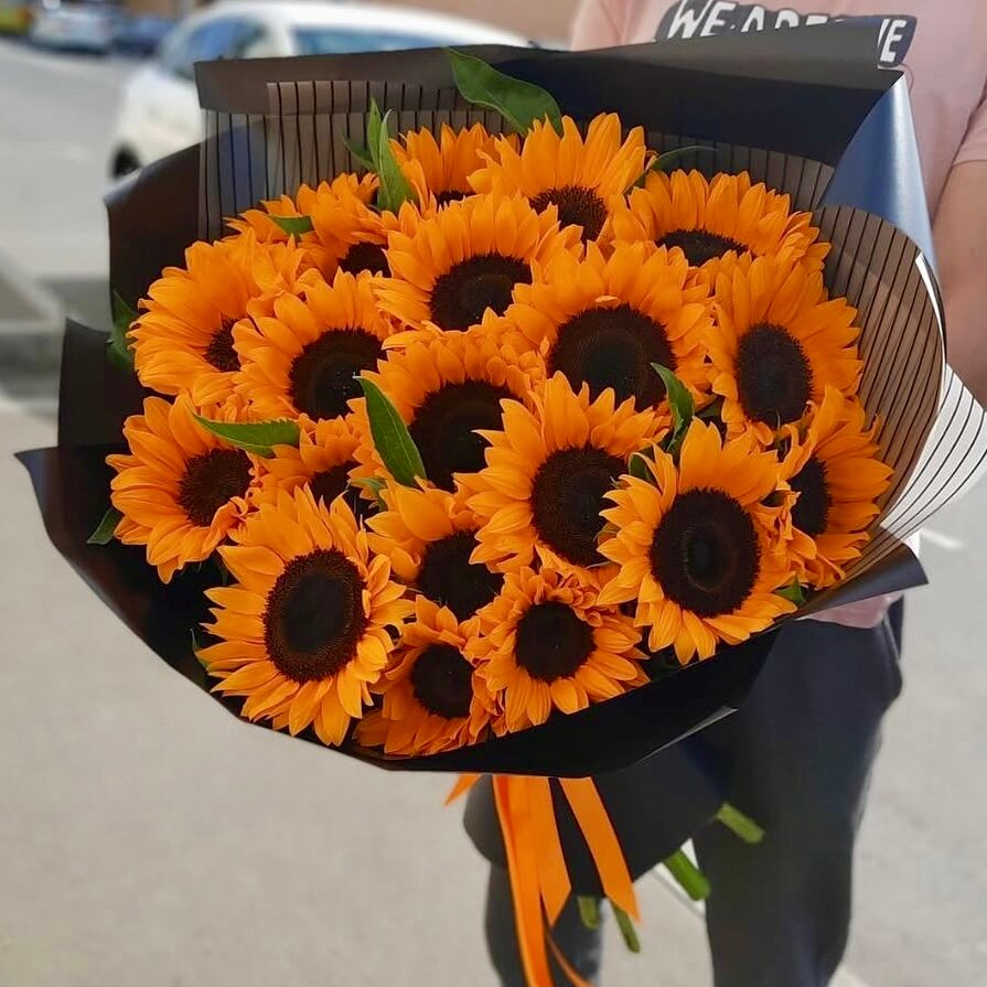 Букет из подсолнухов 19 шт, красивый букет цветов, шикарный, премиум цветы, премиум букет