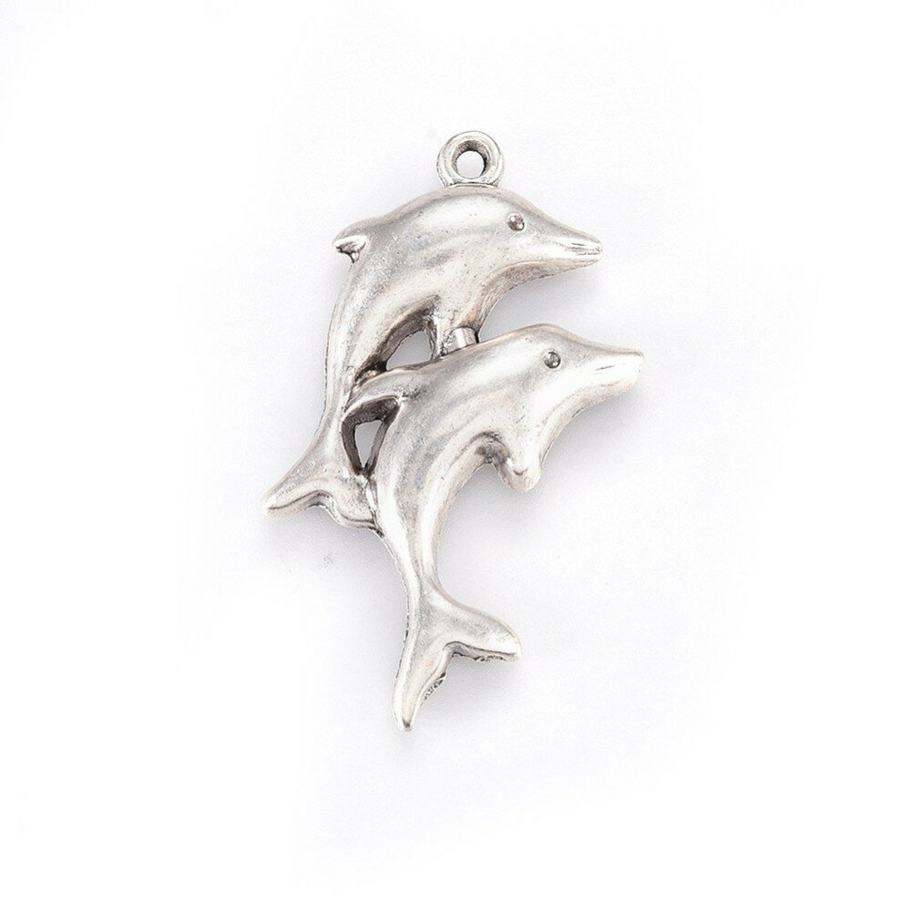 Подвеска, 35х23х4мм, прыгающие дельфины, базовый материал - цинковый сплав, стиль тибетское серебро, 5 шт.
