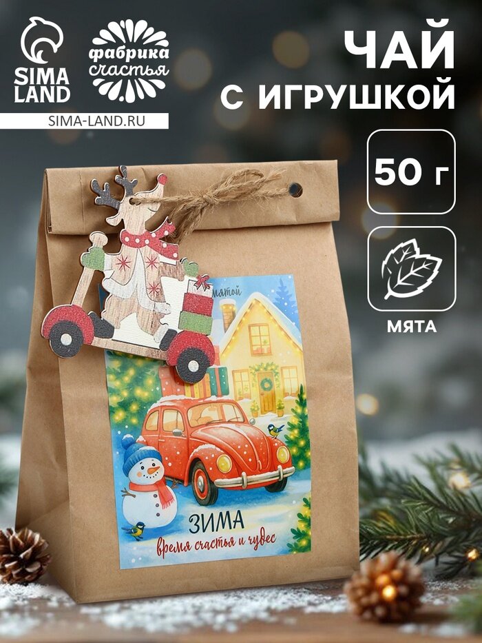 Чай новогодний с игрушкой "Зима-время счастья", в крафтовом пакете, 50 гр