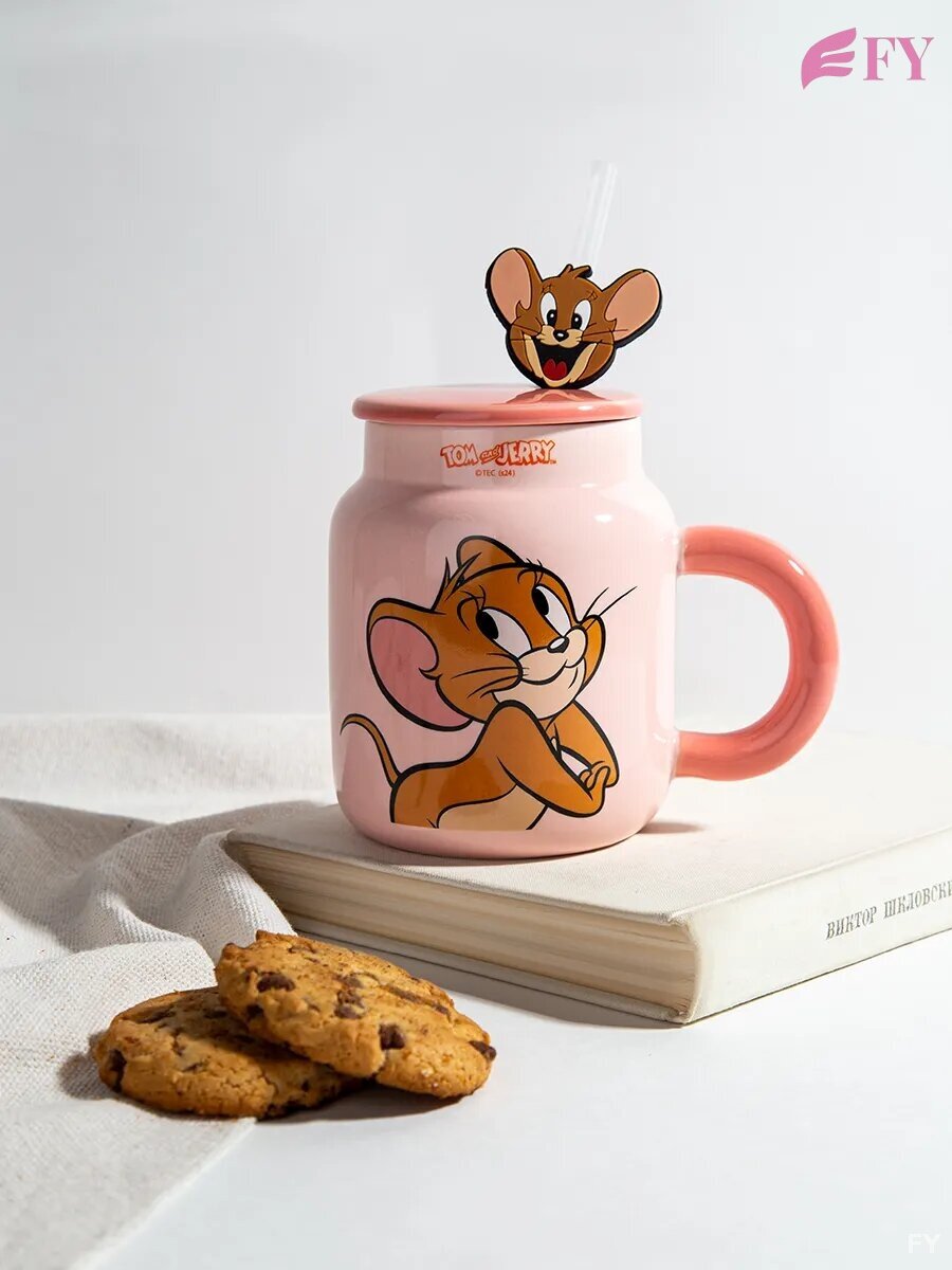 Кружка DB HOMME "Том и Джерри", с трубочкой, розовая, керамика, 350 мл, 3 шт