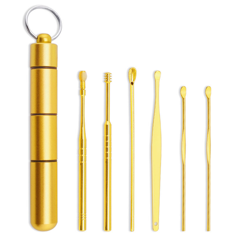 Набор для чистки ушей 6 штук, стальной чурка для удаления воска, лопатка для ушей, ложка для чистки ушей, спиральный инструмент для чистки ушей, розовое золото, локальное золото, черный, серебристый