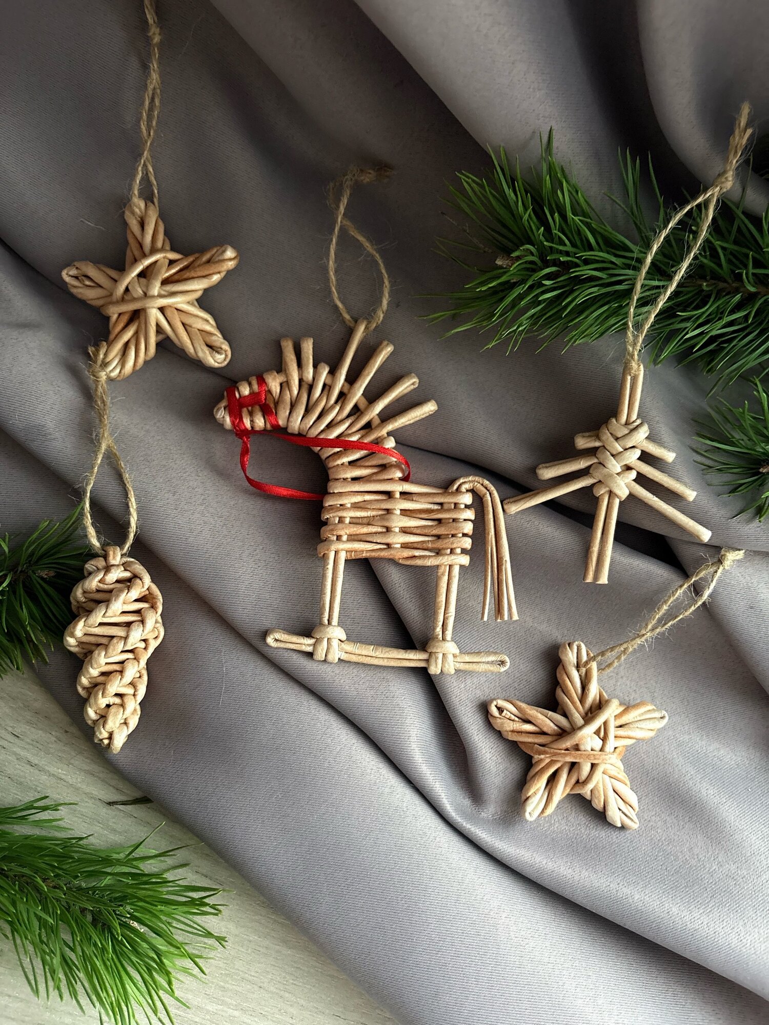 Набор елочных игрушек "Огненная лошадь" из бумажной лозы (ручная работа), эко, подарок, подарочная упаковка