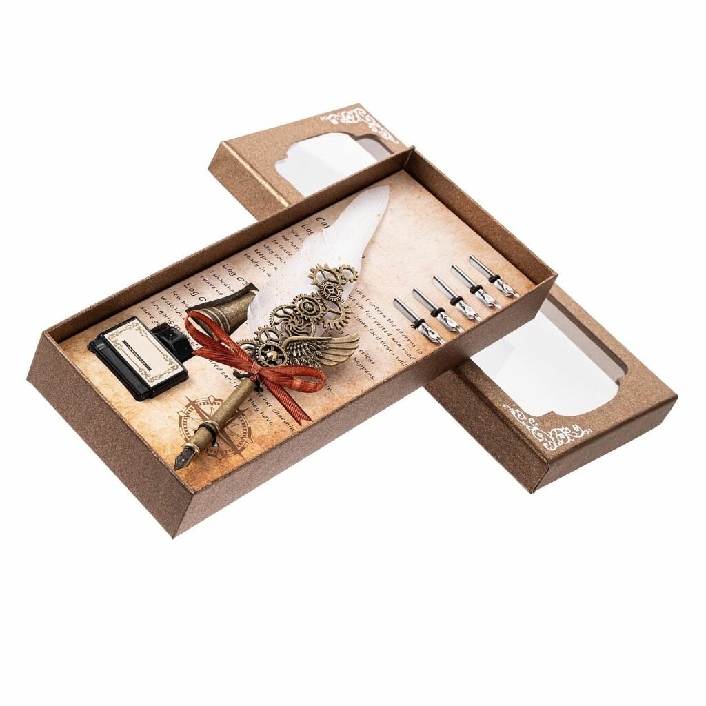 Перо-ручка с чернилами и перо из пера