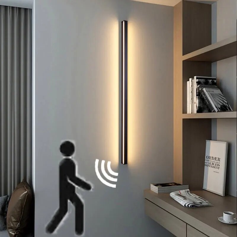 Самый продаваемый индукционный светильник, длинный настенный светильник, прикроватный светильник, световая полоса для спальни, простая и персонализированная линия главной спальни, T, 60x3x3.5cm, 220V, Черный, Тёплый белый (2700-3500 K), Induction light
