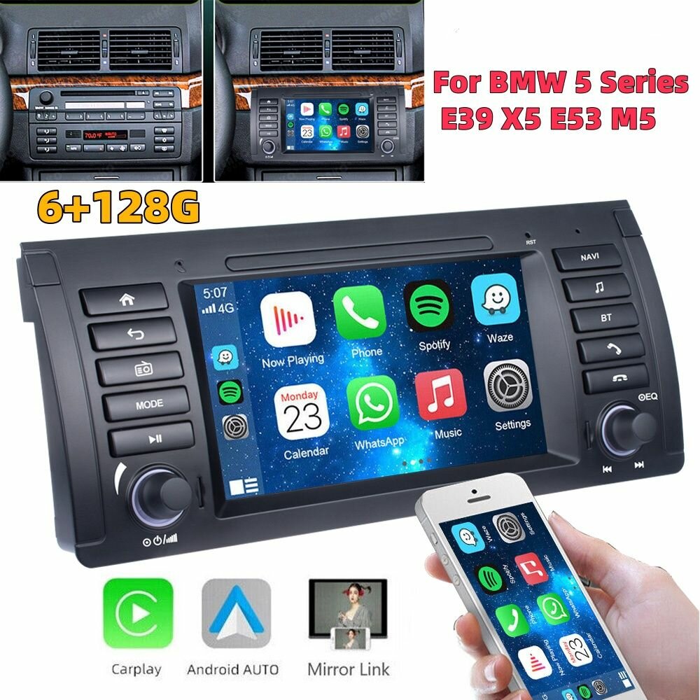 X-REAKO Автомагнитола Android подходит для BMW 5 Series E39 X5 E53 M5, GPS, carplay/Android Auto, WiFi, Bluetooth