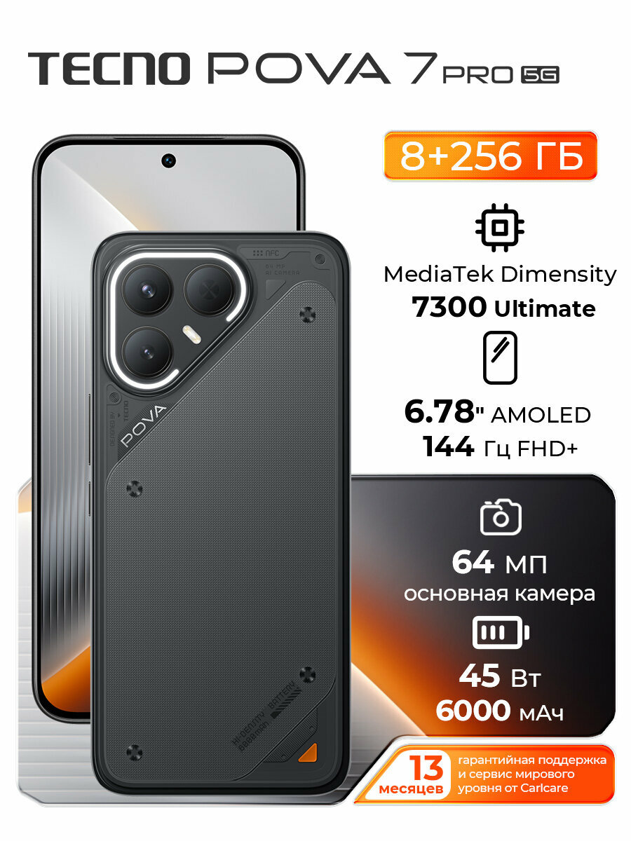 Смартфон TECNO POVA 7 Pro 5G Ростест (EAC) 8/256ГБ Черный RU