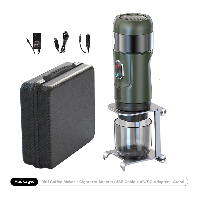 PSH4B-GN, Беспроводная электрическая портативная кофеварка 15 Бар, 1200 мАч, NES / DG, Капсульный и молотый кофе, 25 г, Порошковая камера, 3-в-1, Мини-автоматическая кофемолка для автомобильного помола, 80 чашек / Зарядная емкость, Владелец +