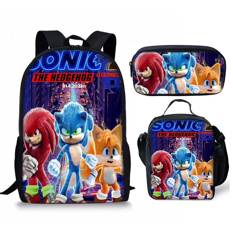 Новый рюкзак Sonic2 от Amazon, школьный рюкзак Sonic, мультфильм, сумка для еды, пенал, набор из трех предметов, производитель, оптовая продажа