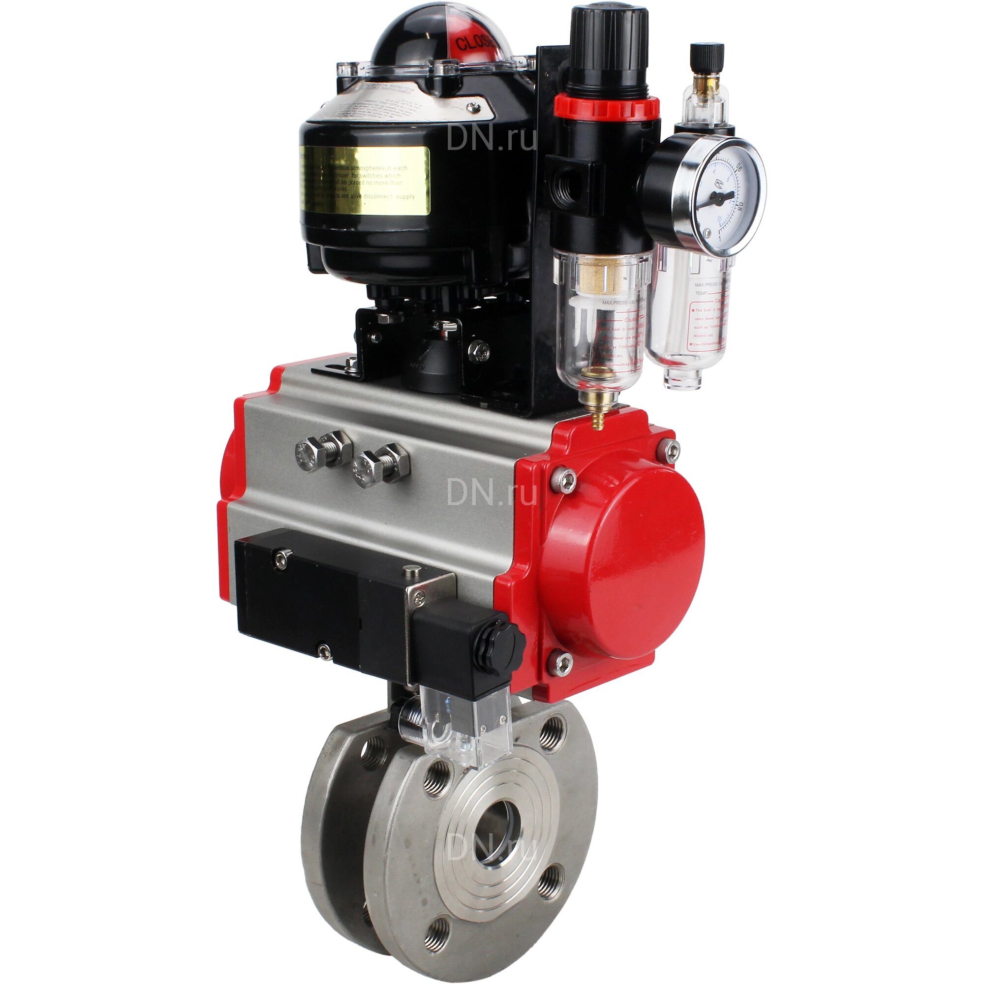 Кран шаровой DN.ru КШмФП.316.200 Ду40 Ру16 межфланцевый, полнопроходной, нержавеющая сталь SS316, уплотнение PTFE, с пневмоприводом SA-105 пневмораспределителем PND2-S1EM-52-1NC-J08-220VAC БПВ APU1-10-40-V08 БКВ LSB-510-02ExM12-250
