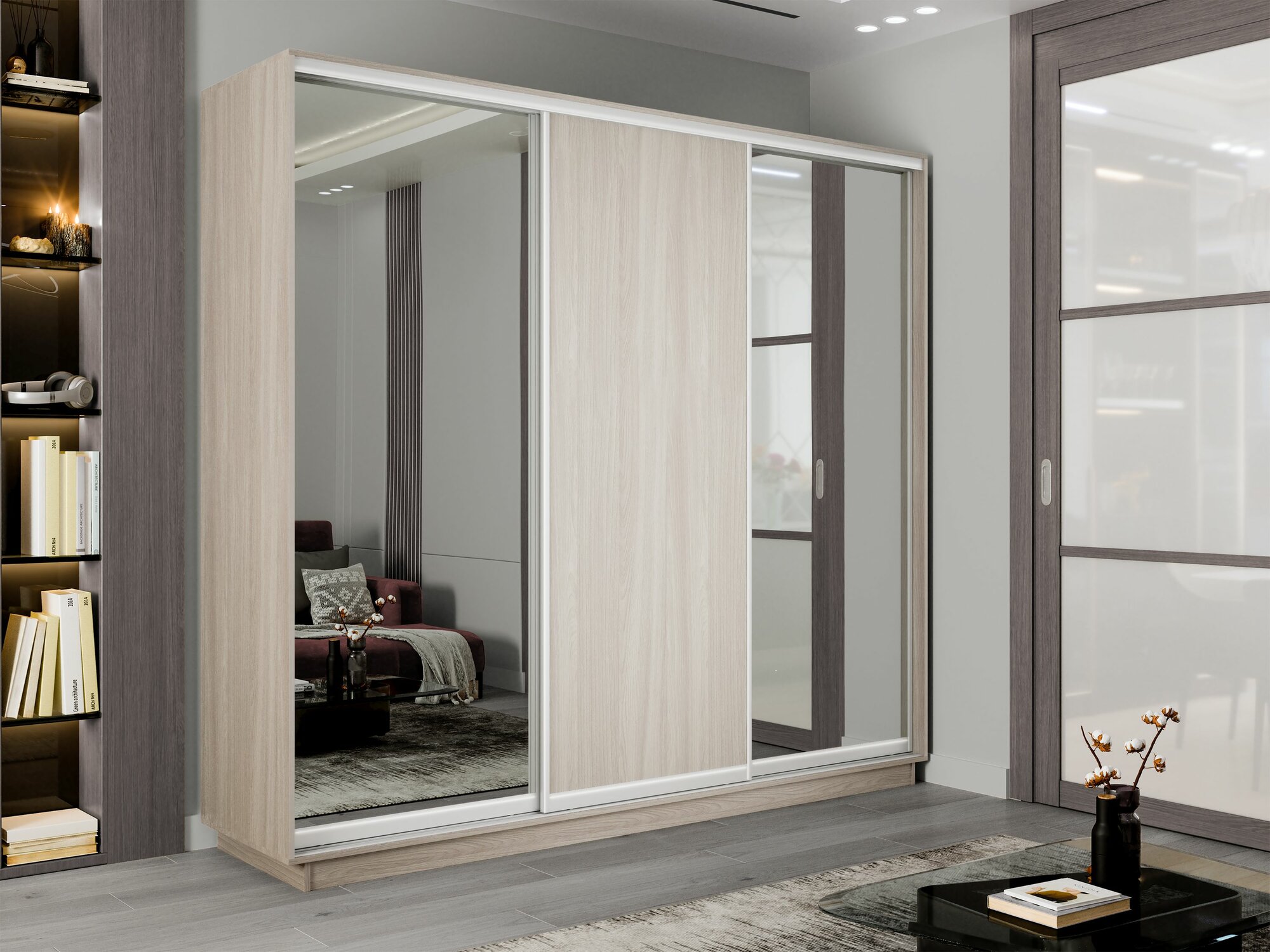 Шкаф купе Вилли 3-х дверный ЛДСП, (2-зеркала/ДСП) , профиль серебро 210 см х 240 см х 60 см (Ясень Шимо светлый)