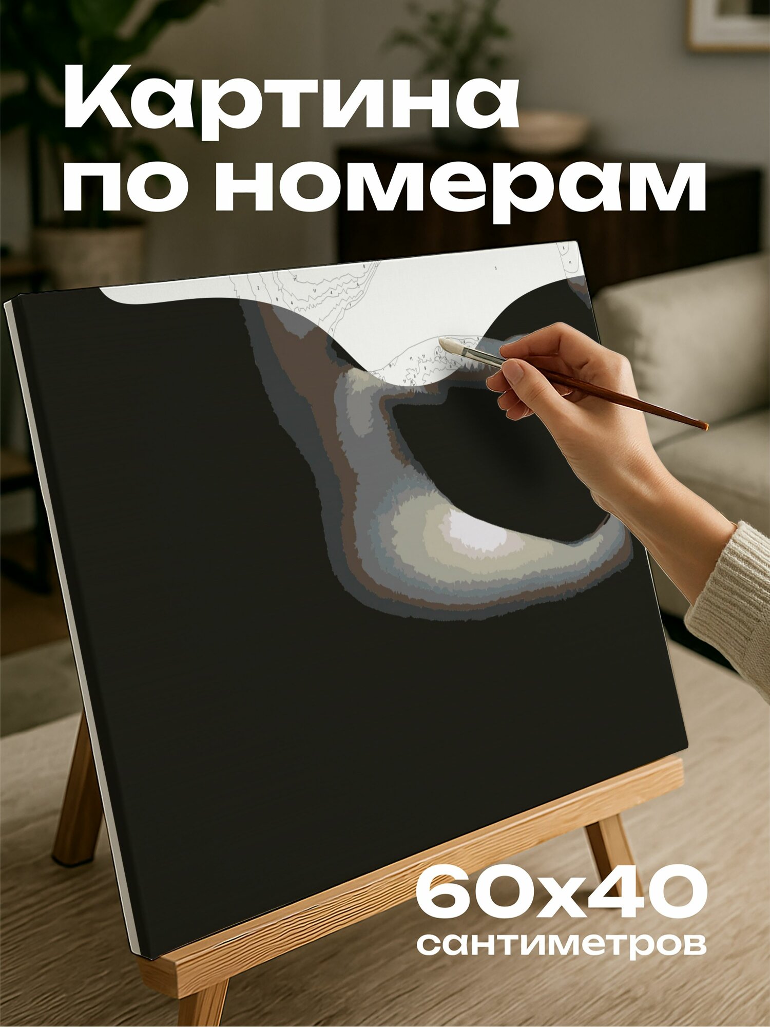 Картина по номерам 60x40 см, черно-белая фотография, губы, подсвеченные лучом света, форма и изгибы, таинственность