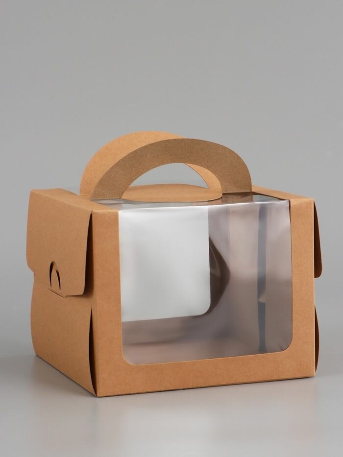 Коробка под бенто-торт с окном, крафт, 16 16 12.5 см