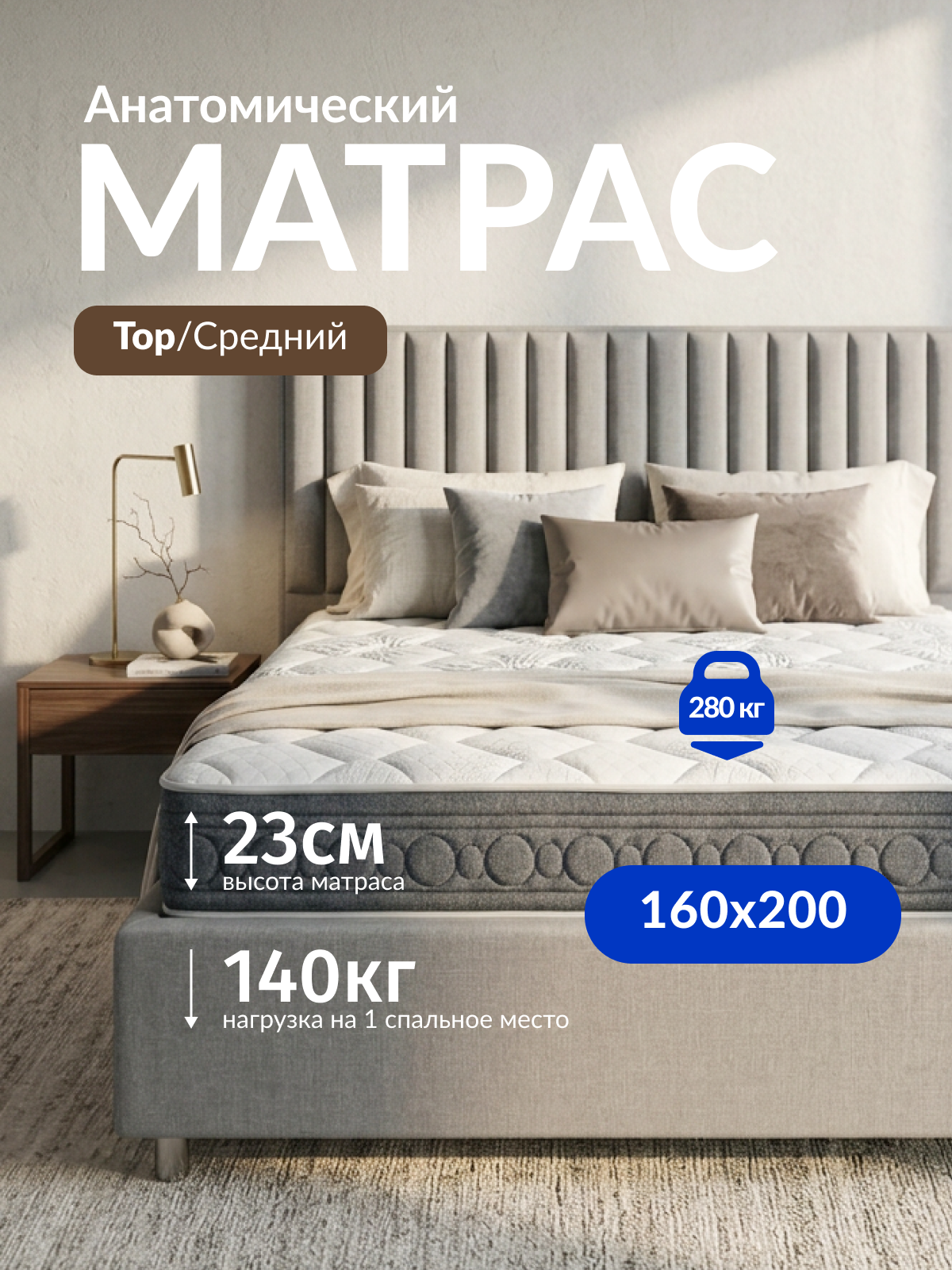Матрас Strong Original Top 160x200 см, независимый пружинный блок, двуспальный, средняя жесткость, анатомический