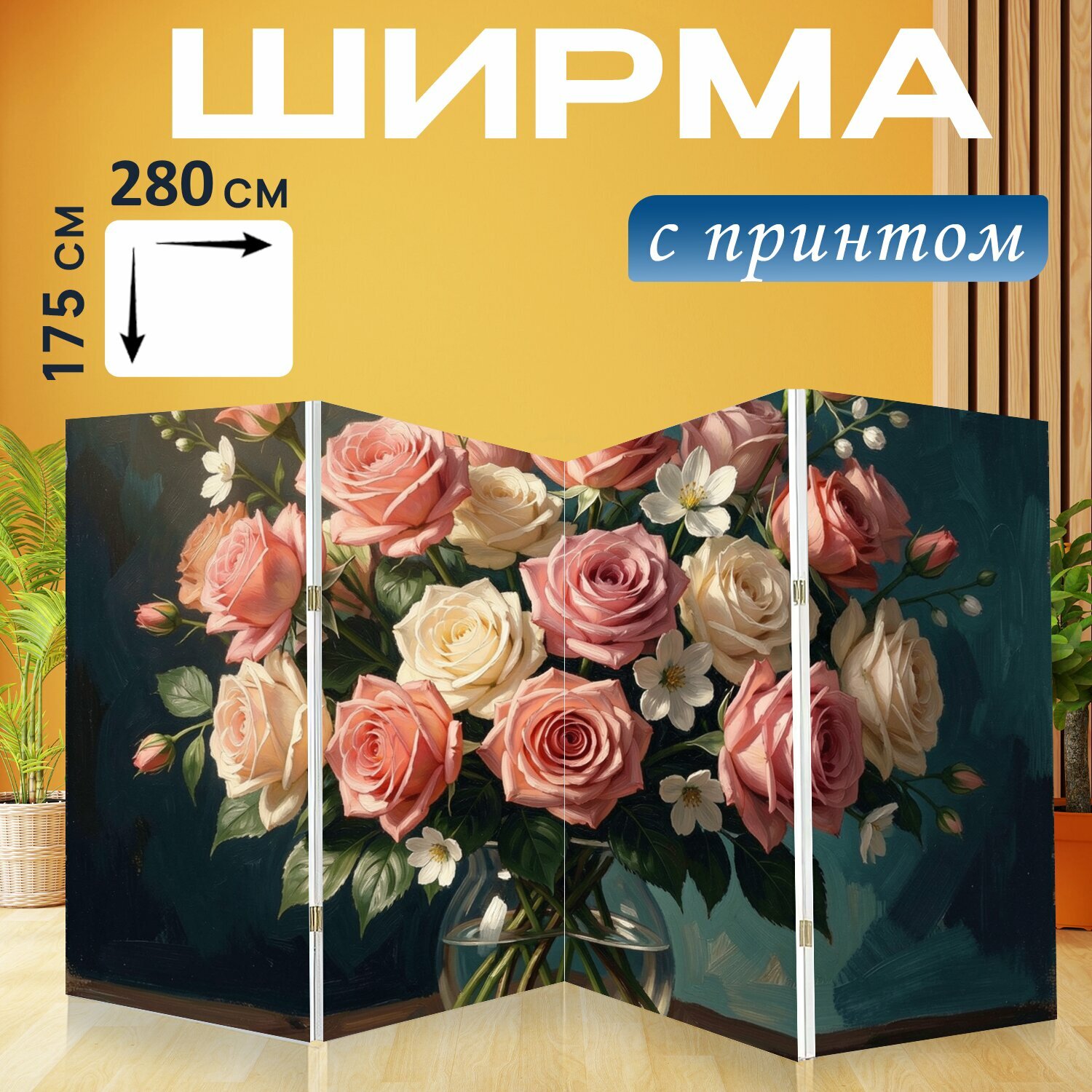 Ширма "Нежные розы в стеклянной вазе. Романтичный букет пастельных цветов с белыми соцветиями на деревянном." перегородка для зонирования комнаты с принтом 280x175 см. на холсте