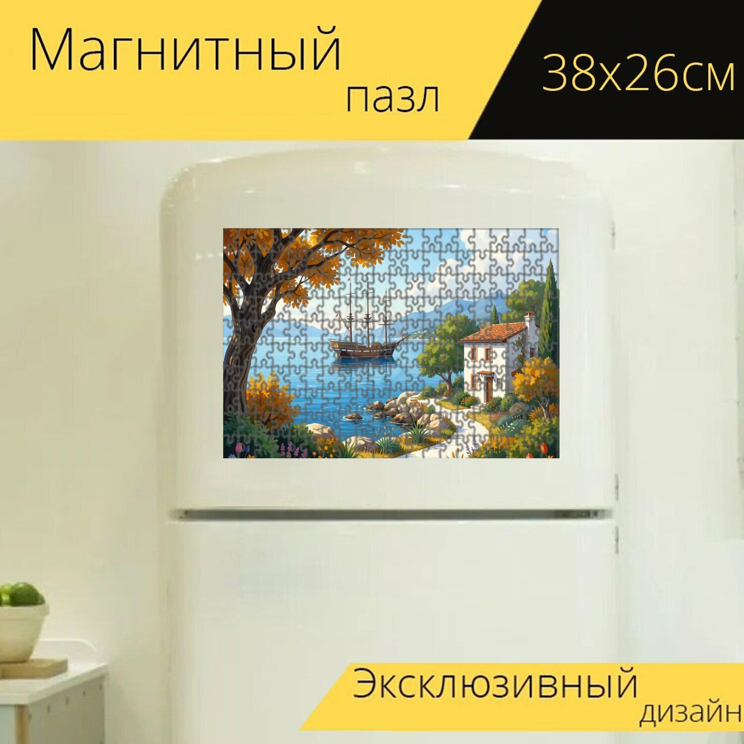 Магнитный пазл "Морской пейзаж с кораблем и домом. Живописная средиземноморская бухта: парусник на спокойной воде, белый коттедж у берега, горы, осенние." для интерьера, 38х26 см.