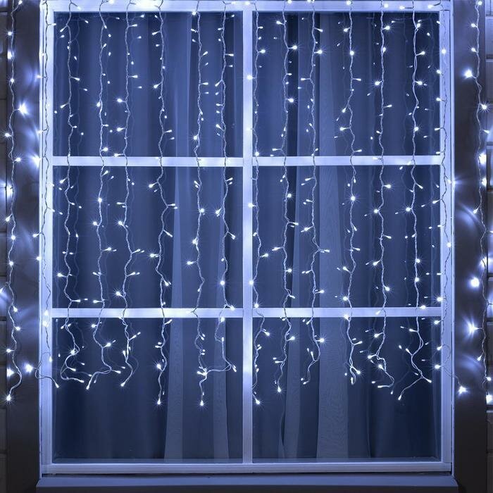 Гирлянда-штора уличная "Занавес", светодиодная электрогирлянда дождь на окна и фасад, праздничный декор на Новый год, украшение для дома и улицы, 2 х 1.5 м, IP44, УМС, белая нить, 360 LED, свечение белое, 220 В