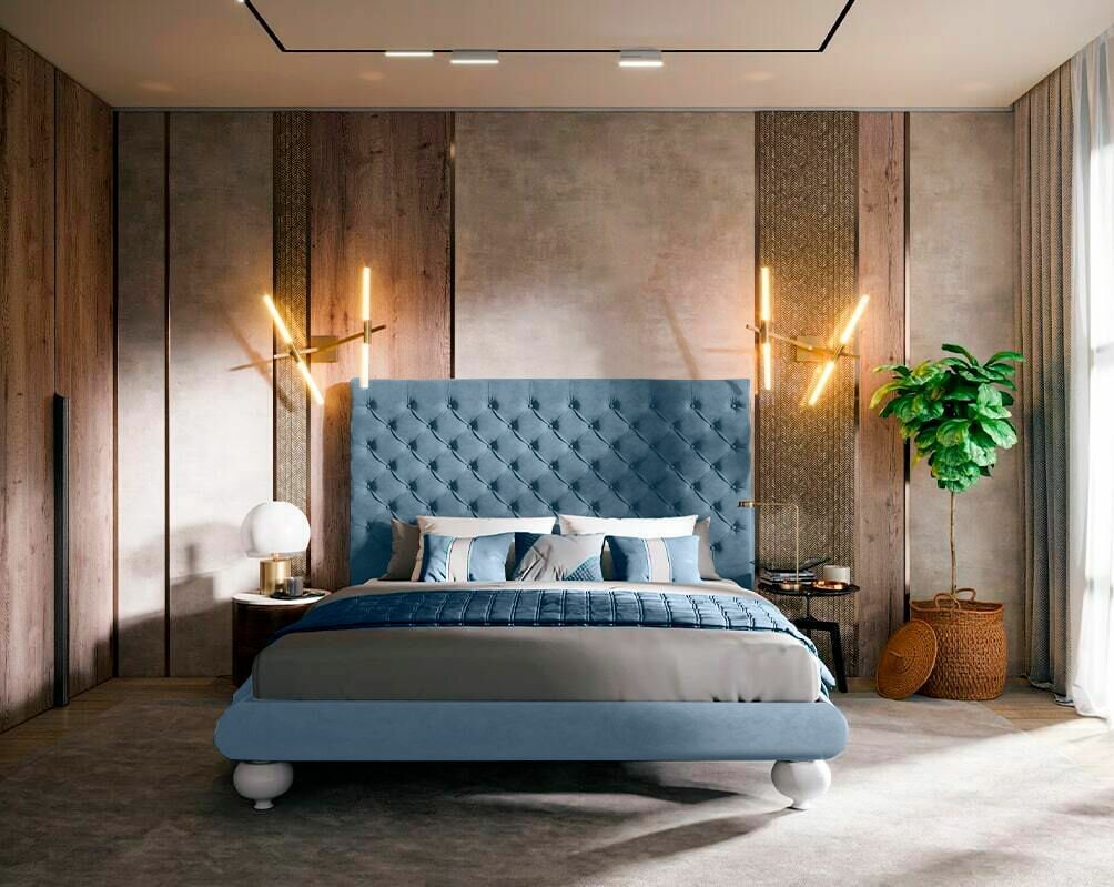 Двуспальная кровать 160x200, Grande Letto, с мягким изголовьем, с ящиком, велюр, синий