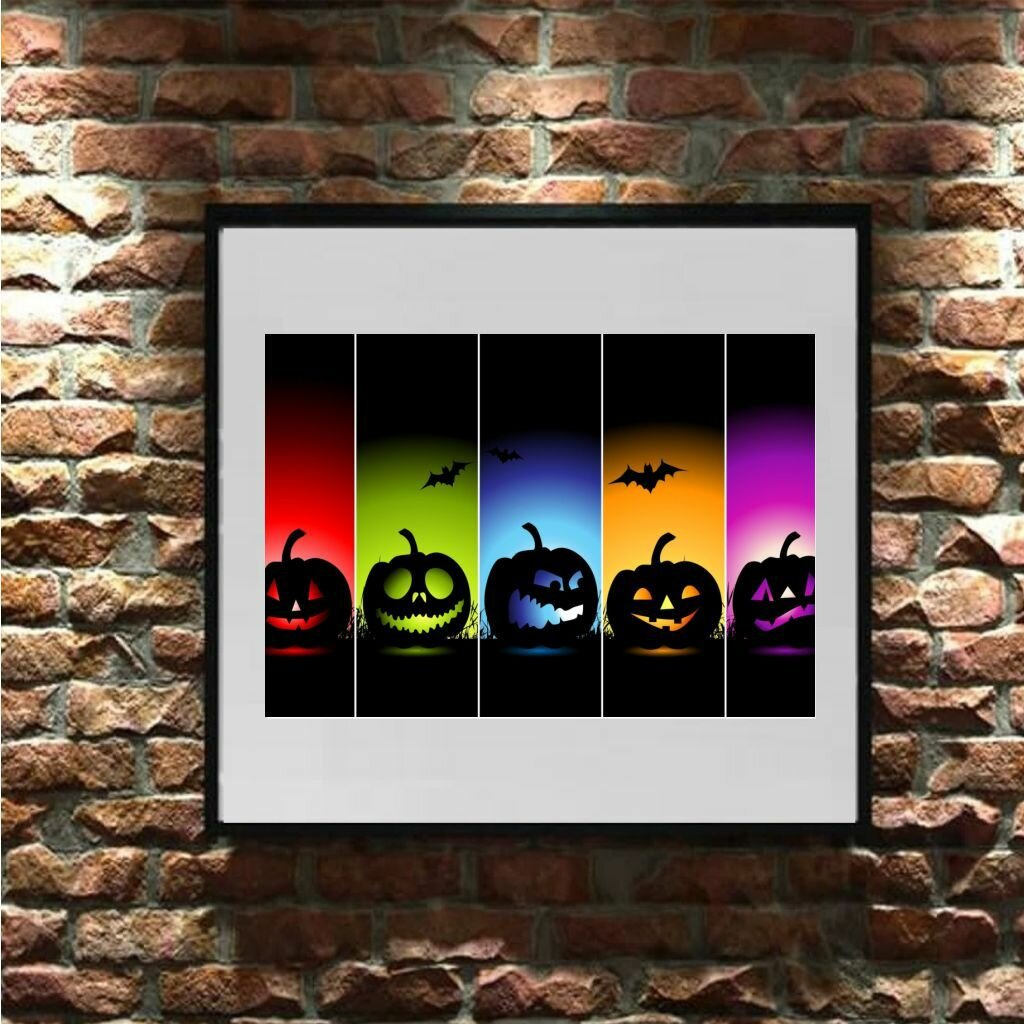 Постер "Тыквы на разноцветном фоне" на Хэллоуин (Halloween) от Cool Eshe из коллекции "Праздники", плакат на стену А4 (29,7 х 21 см) для интерьера в стиле Дня всех святых