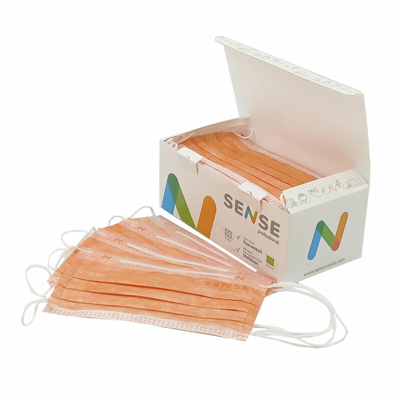 Маска медицинская 3-х сл, резинка, оранжевый, Sense, картон 50шт/уп, 1675983