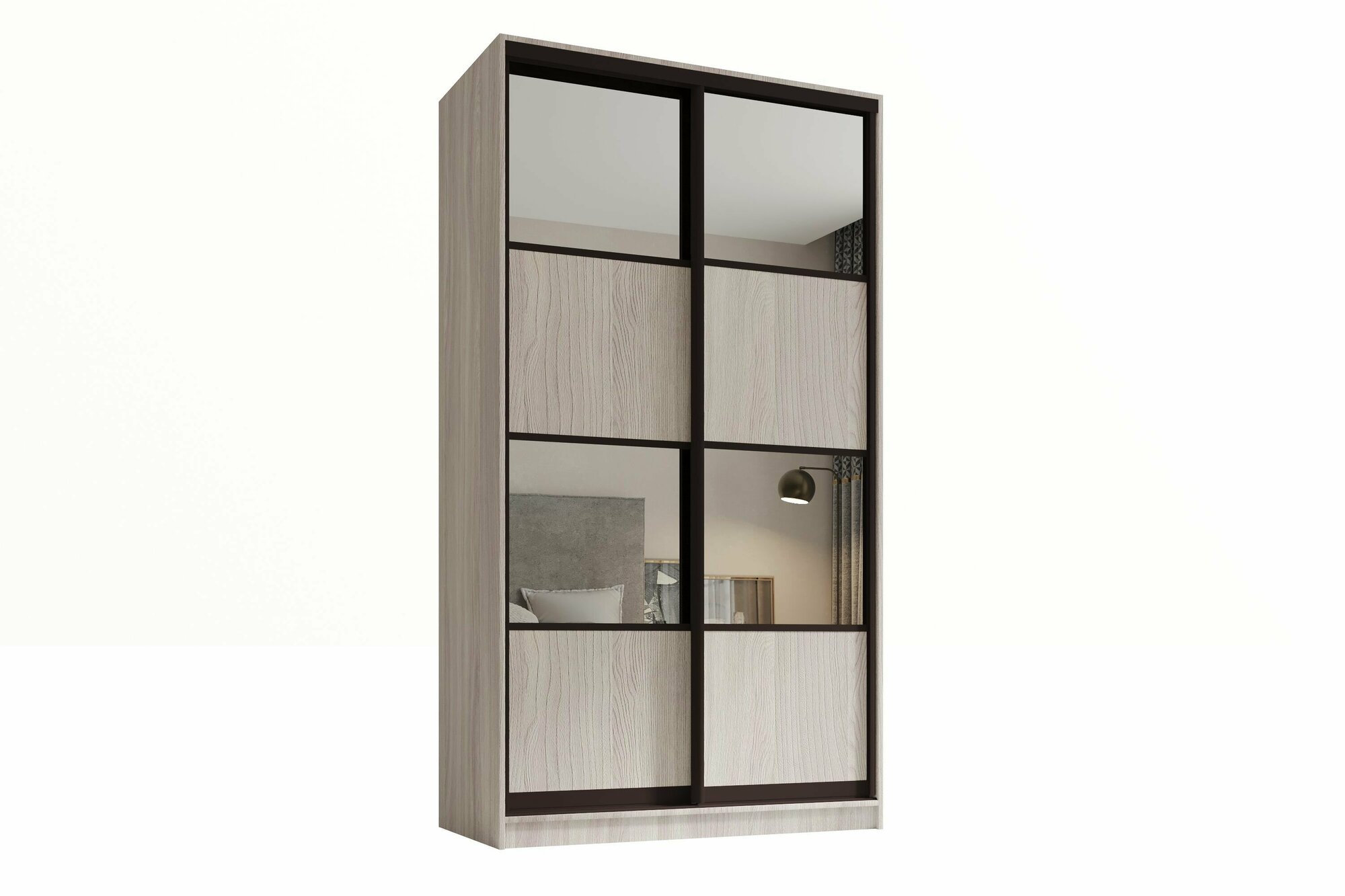 Шкаф купе, для одежды Линц 2, Легкомаркет, 160х45х240, белье/платье, ясень шимо светлый, профиль коньяк, с зеркалом